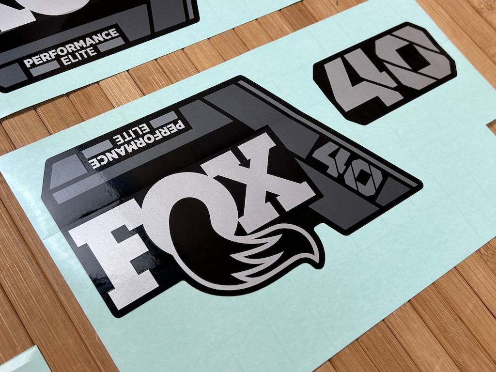 Fox Decal Kit 40 2025 PS-E Kashima Gray Logo Shiny Black – RTF Bikeparts